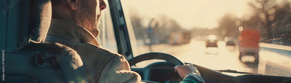 On the Road, Light truck driver behind the wheel, driving along a ...