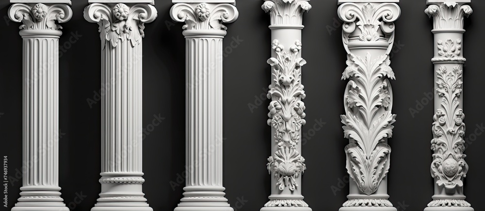 A row of white pillars with intricate gypsum designs are lined up next ...