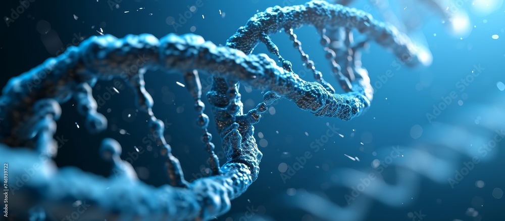 A macro photography close up of a DNA strand in the liquid azure water ...