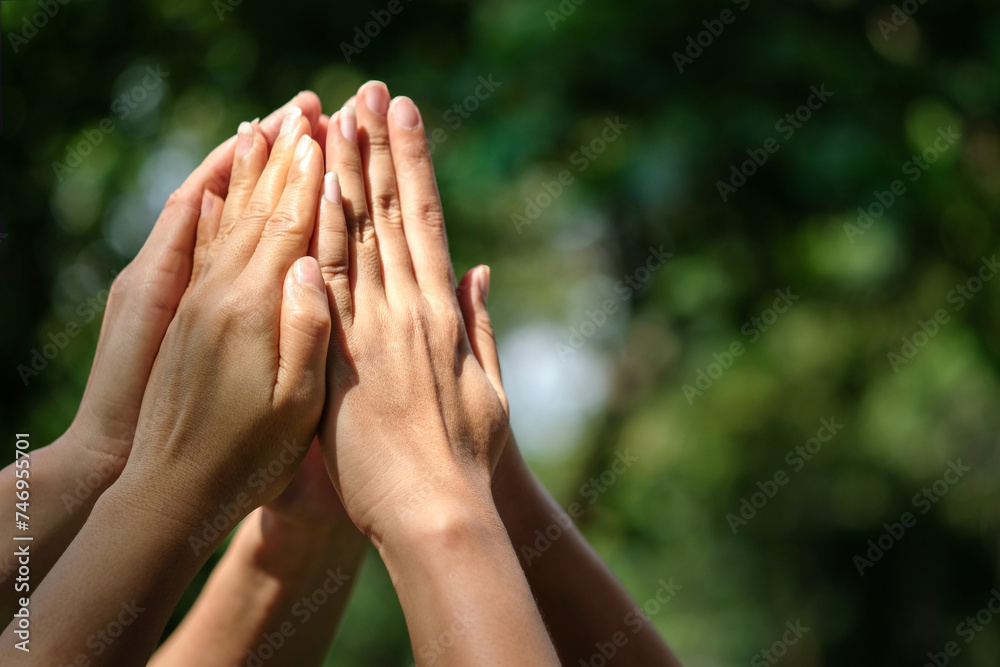 hand up of people working assemble corporate meeting show symbol Join ...