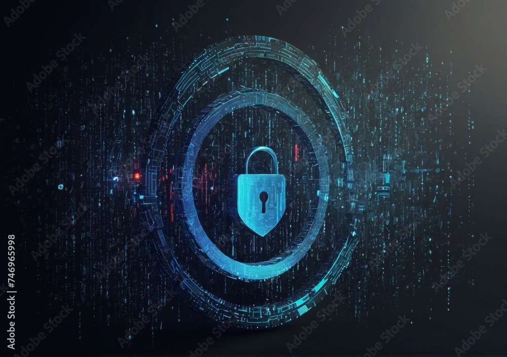 Futuristic cyber security illustration portrays a city safeguarded by glowing blue lines and ...