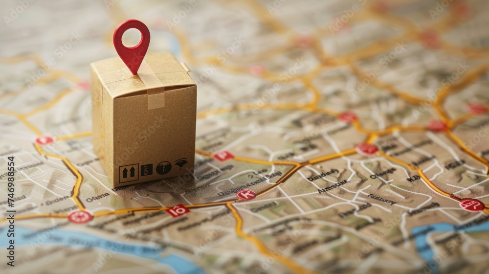 Cardboard Package on a Map with Location Pin. A cardboard box with a ...