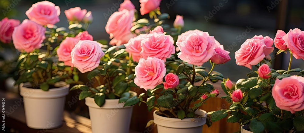 A row of pink miniature roses in white pots adorns a home garden ...