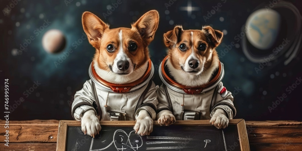 Concept of dogs wearing space suit and drawing on blackboard during ...