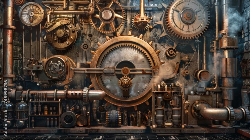Close-up view of a complex steampunk gear mechanism with interlocking ...
