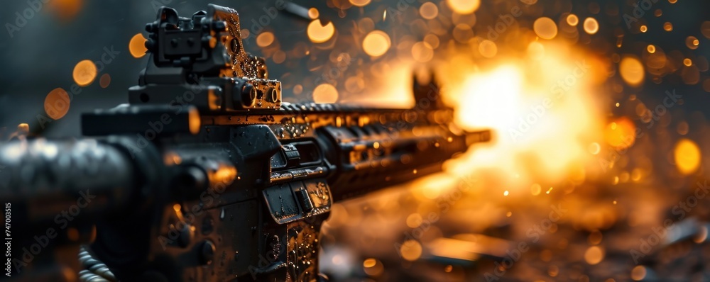 firing assault riffle shooting firepower bullets isolated on black ...