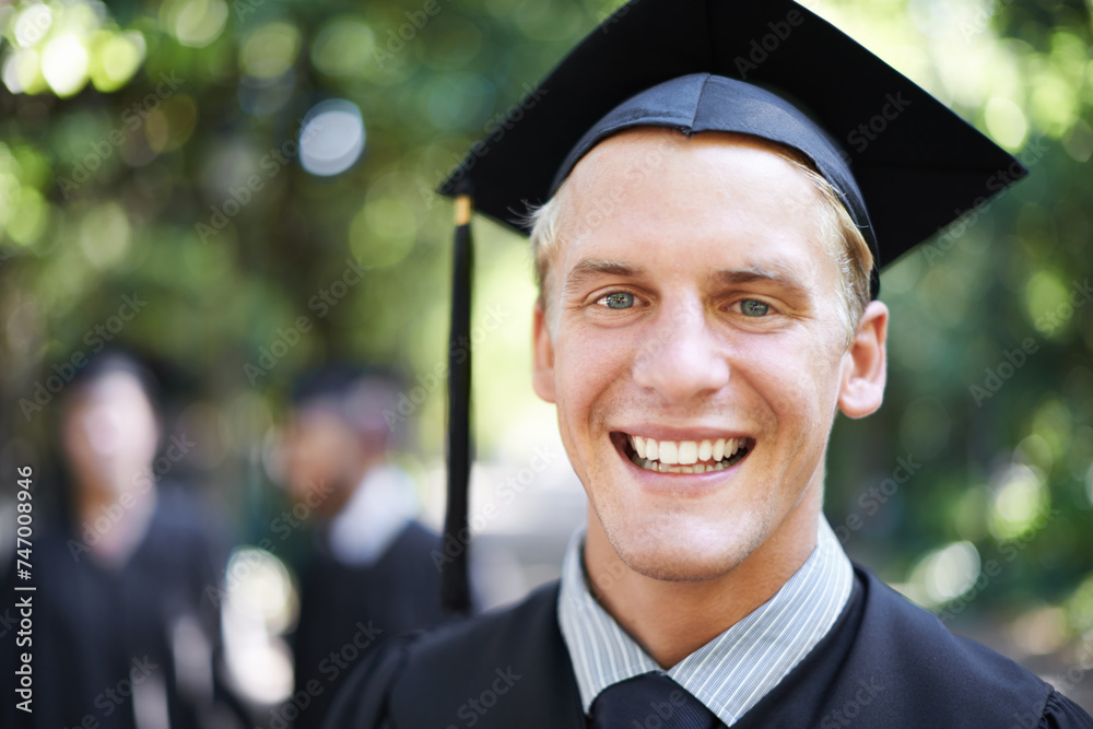 Graduation, man and portrait for student, celebration and college with ...