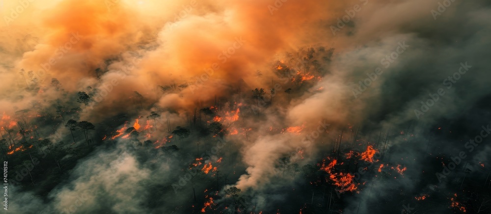 An aerial view capturing a forest fire event with billowing smoke ...