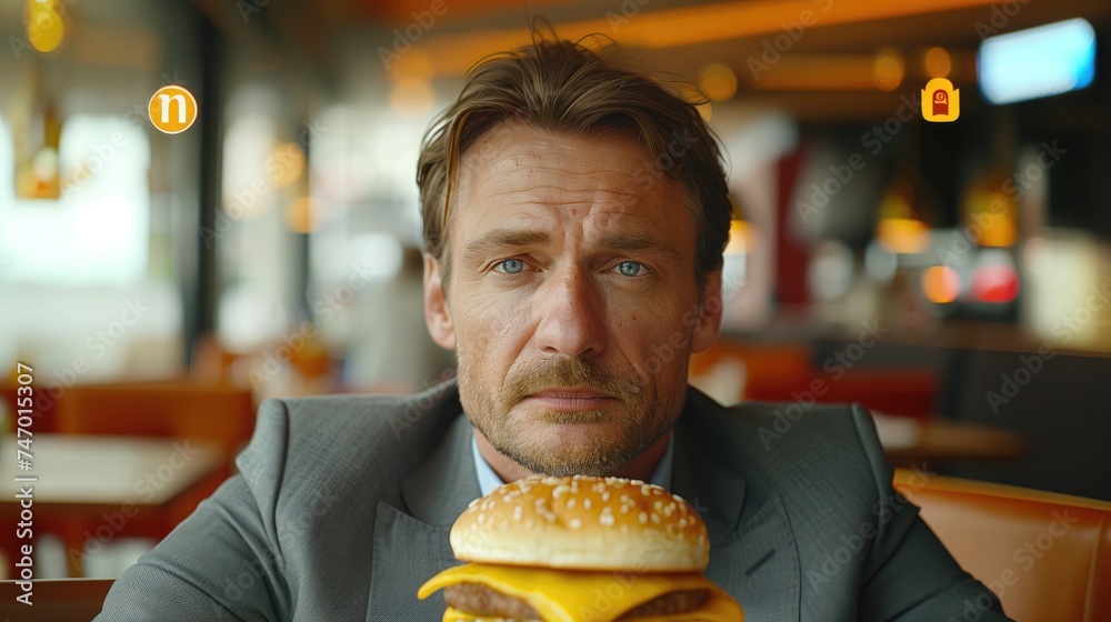 Attractive business man holding giant burgers in hand. Comically, food ...