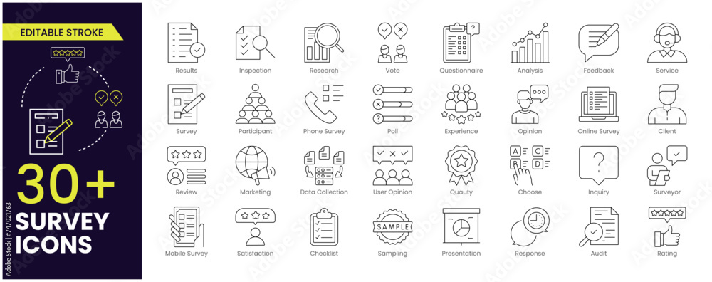 Survey Editable Stroke icon set. Containing feedback, opinion ... Survey Editable Stroke icon set. Containing feedback, opinion ...