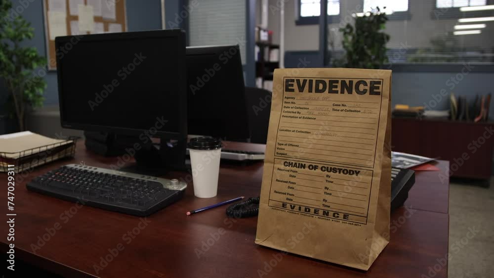 Evidence bag zoom out in police station empty shot Stock Video | Adobe ...