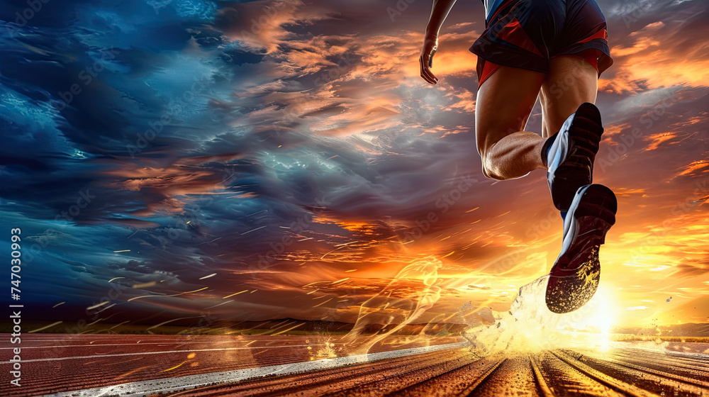 Sprinting man runner sprinter athlete running shoes and legs on track ...