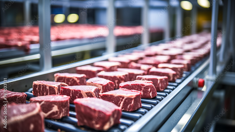 Meat processing in food industry. Raw meat cuts on a industrial ...