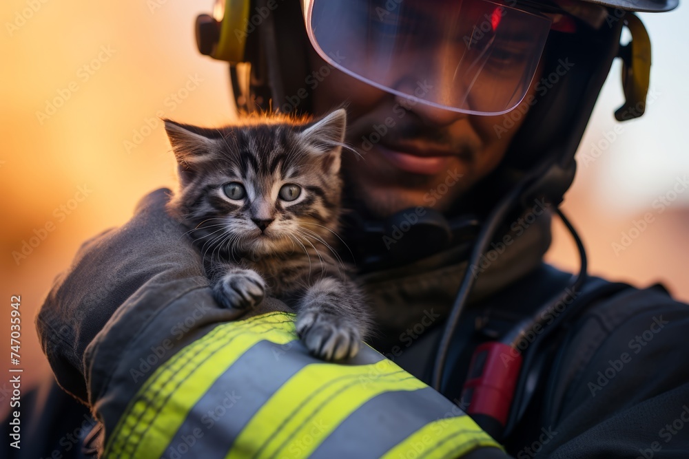 Rescued grey kitten, embraced by a firefighter in a moment of ...