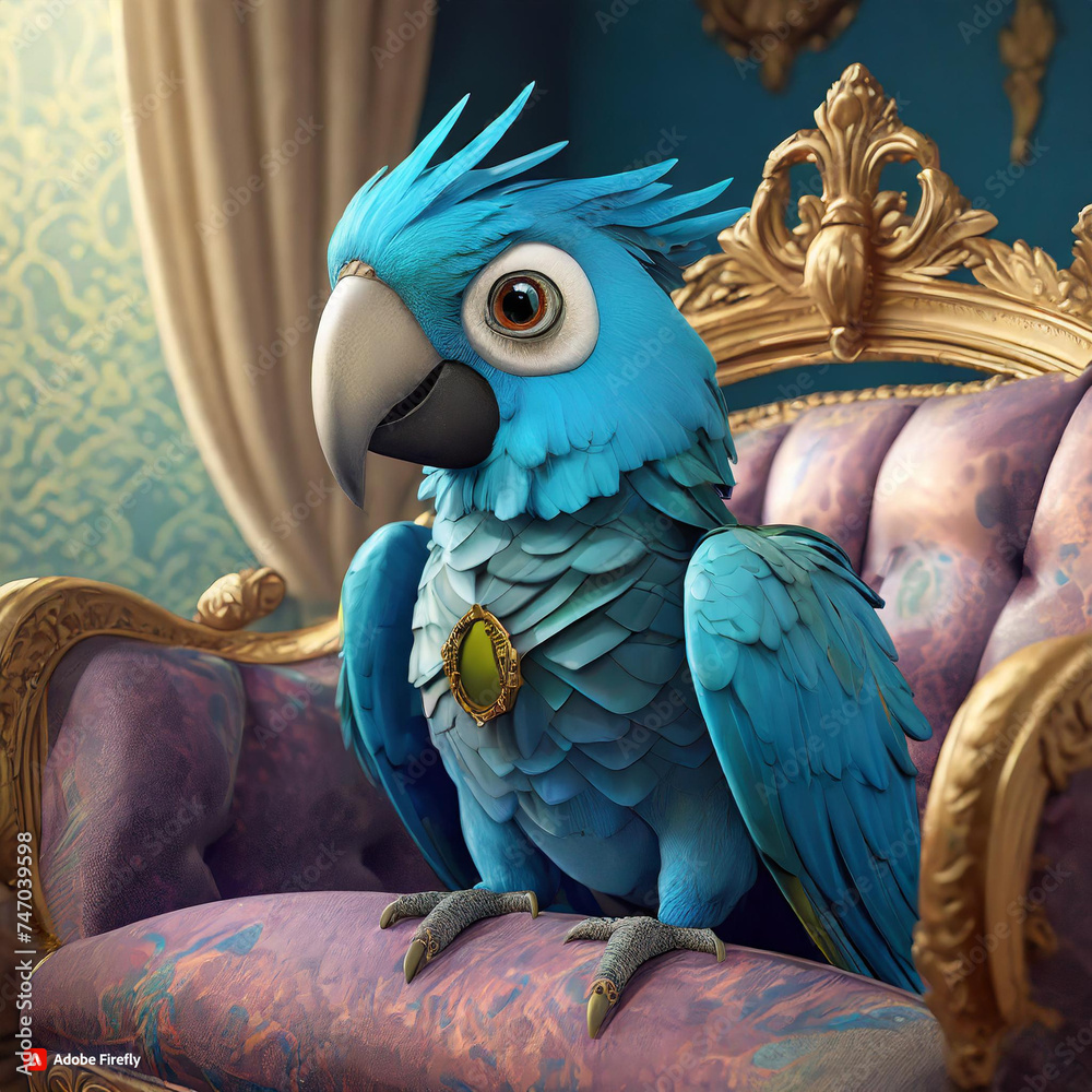 Beautiful cute blue parrot from a fantasy world sitting in a couch ...