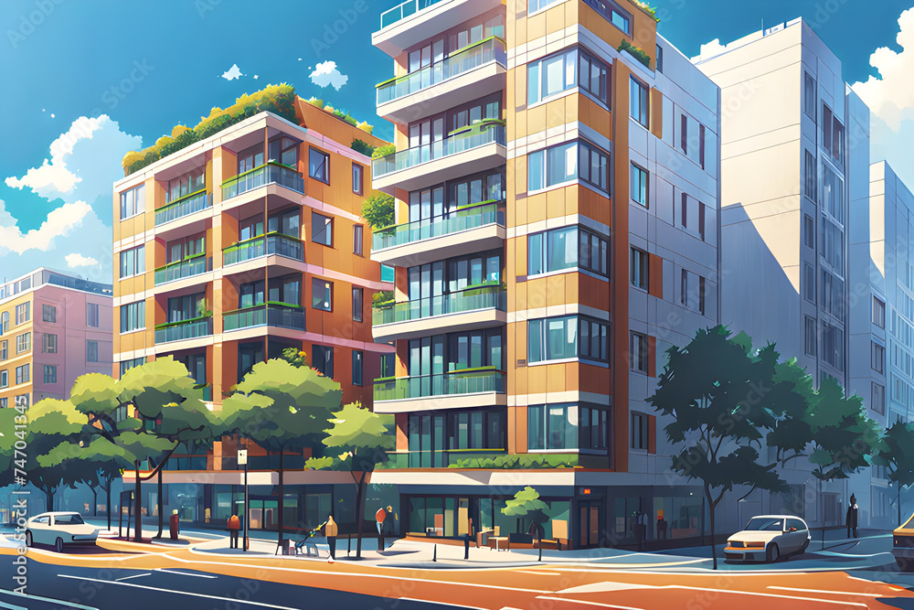 Draw a picture of a newly built large apartment complex in the city ...