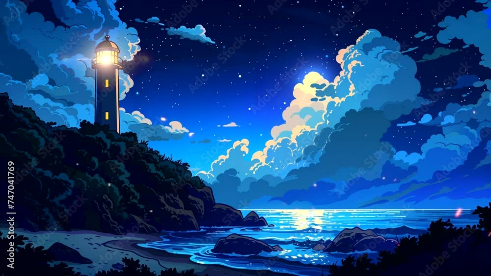 Lighthouse on the beach at night. seamless looping 4k time-lapse ...