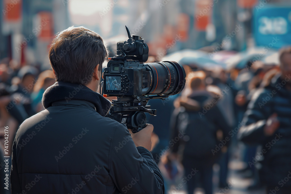 Smiling reporter holding microphone on city street Filming Sunset ...