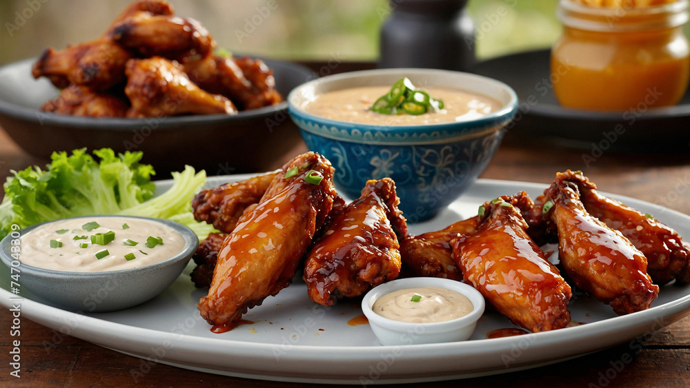 BBQ chicken wings alongside a variety of dipping sauces each one ...