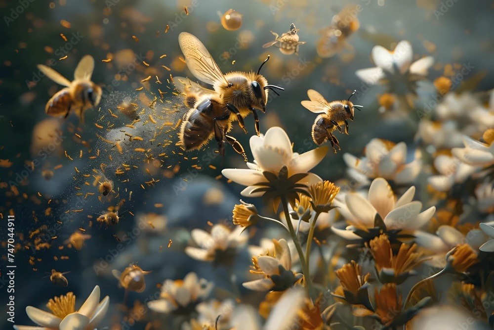 A swarm of bees busily pollinates spring flowers, creating a dynamic ...