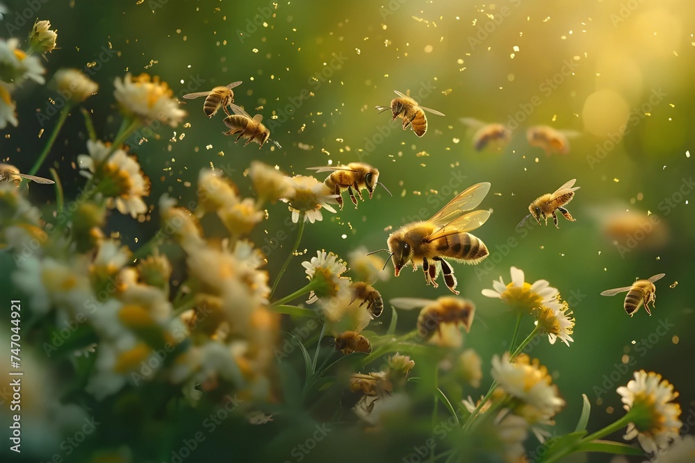 A swarm of bees busily pollinates spring flowers, creating a dynamic ...