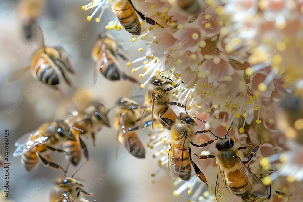 A swarm of bees busily pollinates spring flowers, creating a dynamic ...