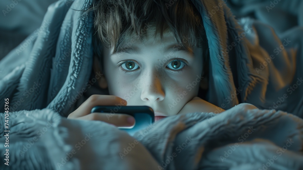 A young boy is intently looking at a smartphone screen symbolizing the ...