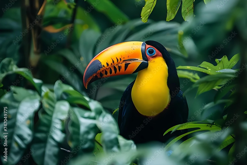 A vibrant toucan perches in the Amazon rainforest, its vivid colors ...