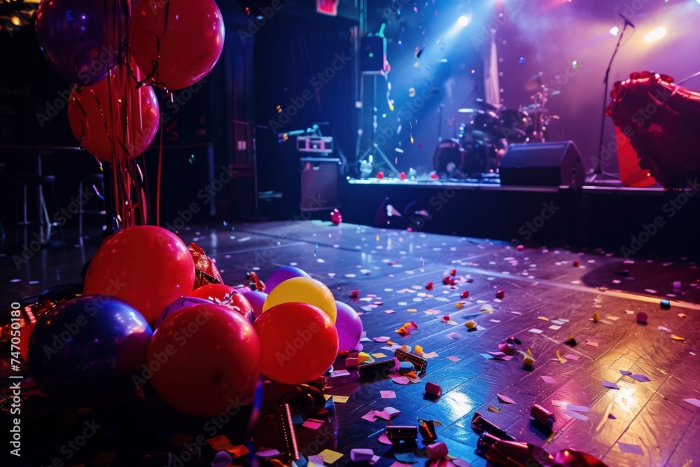 After party scene with deflated balloons, drooping streamers, and half ...