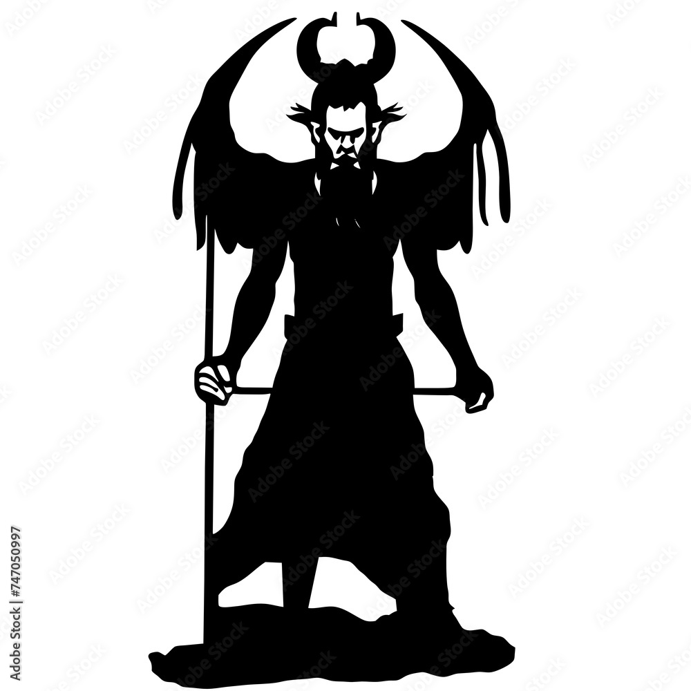 Silhouette drawing of Satan with wings and horns onwhite background ...