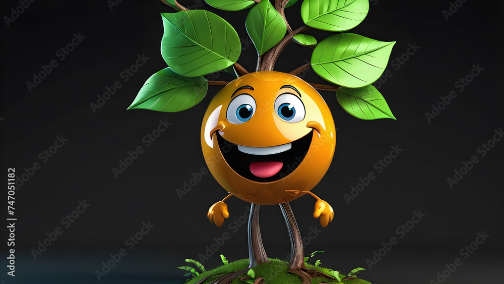 a cartoon character with happy face funny a forest tree on black ...