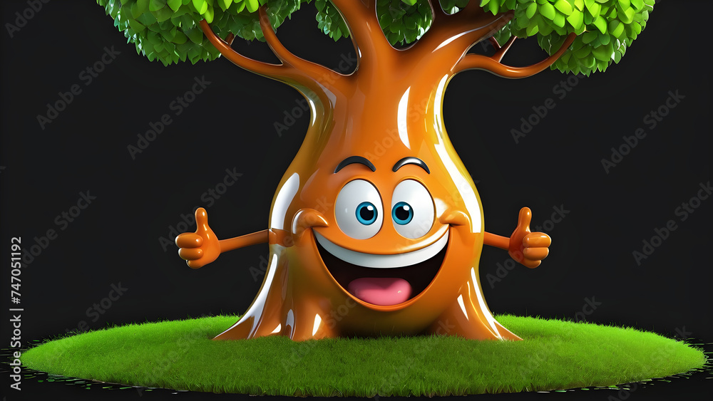 a cartoon character with happy face funny a forest tree on black ...