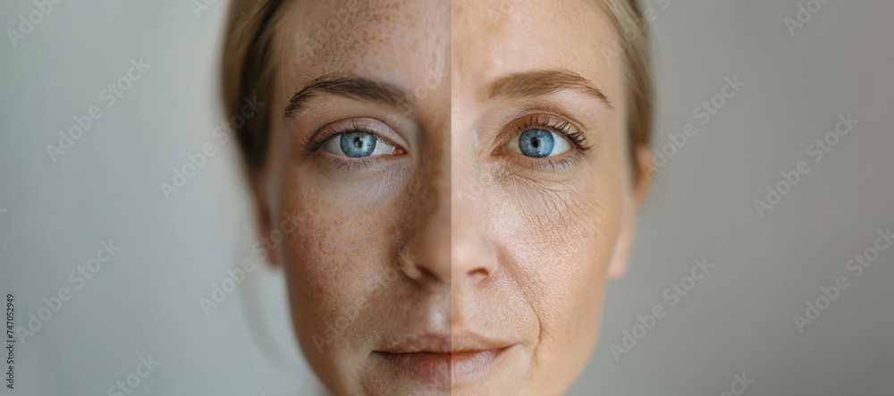 close-up captures the stark comparison between youthful and aged skin ...