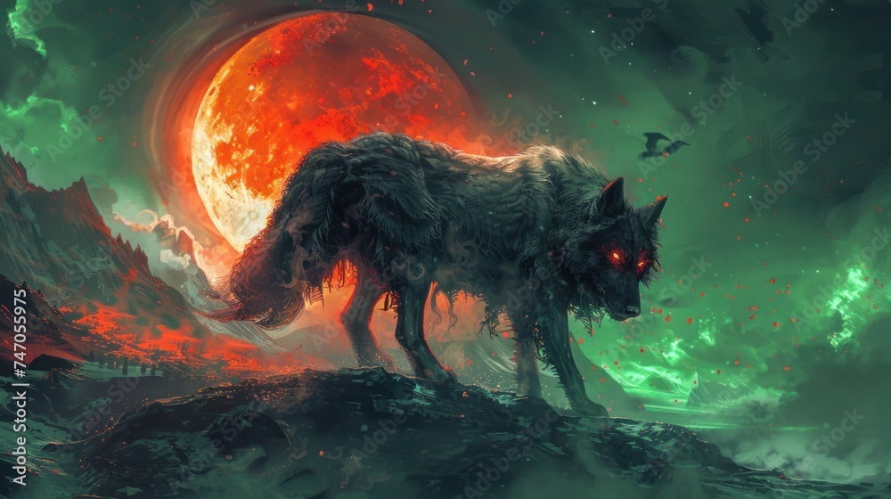 Fenrir breaking free under a blood moon, ancient runes glowing, eerie ...