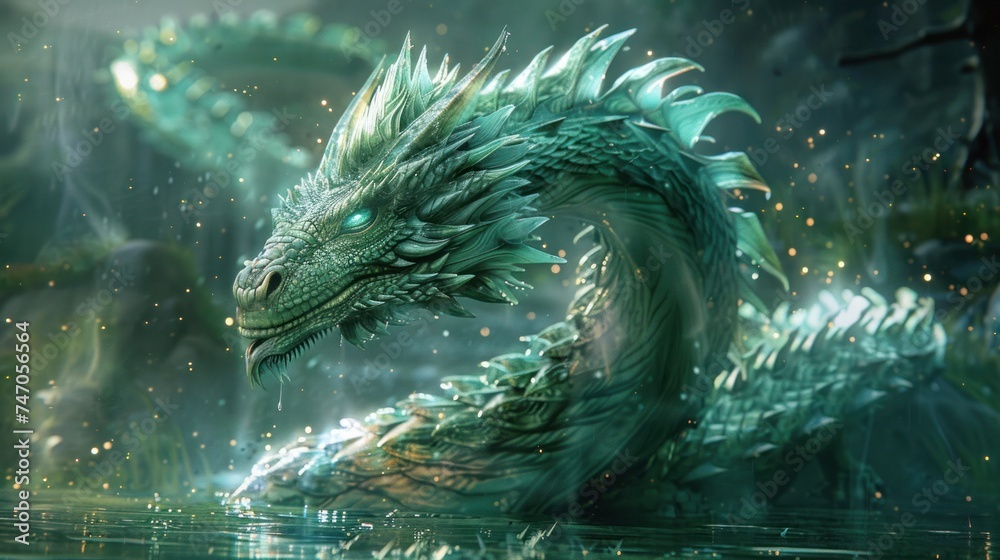 Wyrm rising from the depths, its scales shimmering with ancient wisdom ...
