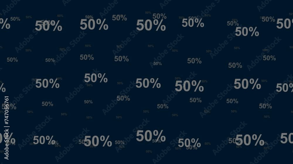 50 percent symbols float horizontally from left to right. Parallax fly ...