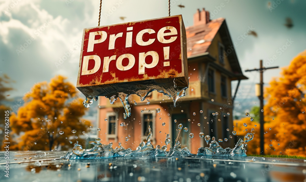 Dramatic illustration of a Price Drop! sign on a falling house ...