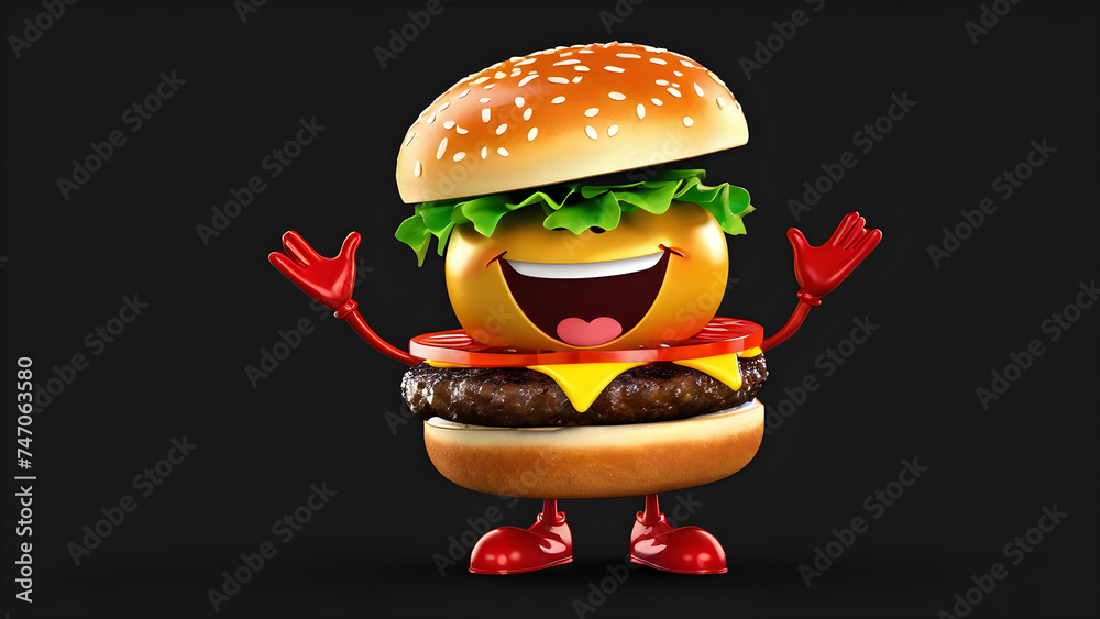 a cartoon happy face funny hamburger on a black background. Hamburger ...