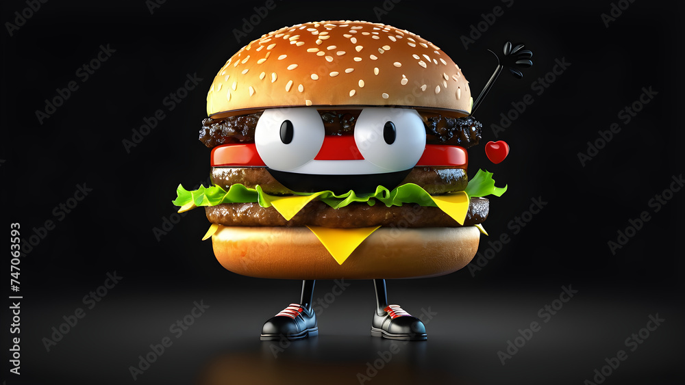 a cartoon happy face funny hamburger on a black background. Hamburger ...