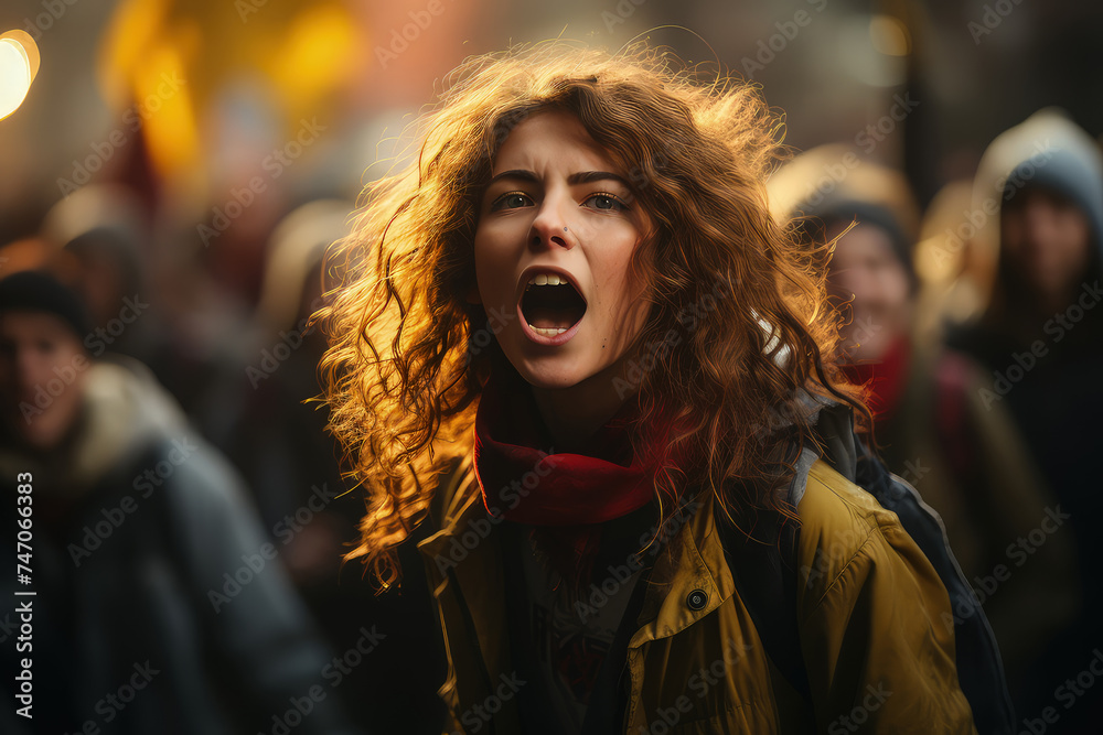 Active woman stands out in a crowd of people with her mouth agape ...