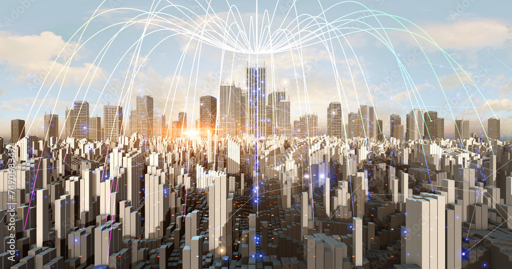 High Tech Smart City Network. 5G High Speed Wireless. Big Data Forming ...