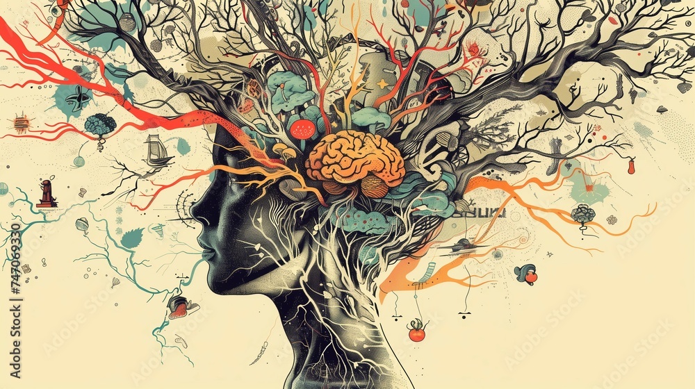Mind map with a human head in the center style of a colorful ...