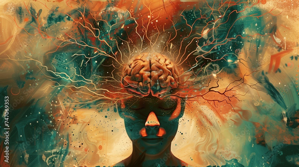 Mind map with a human head in the center style of a colorful ...