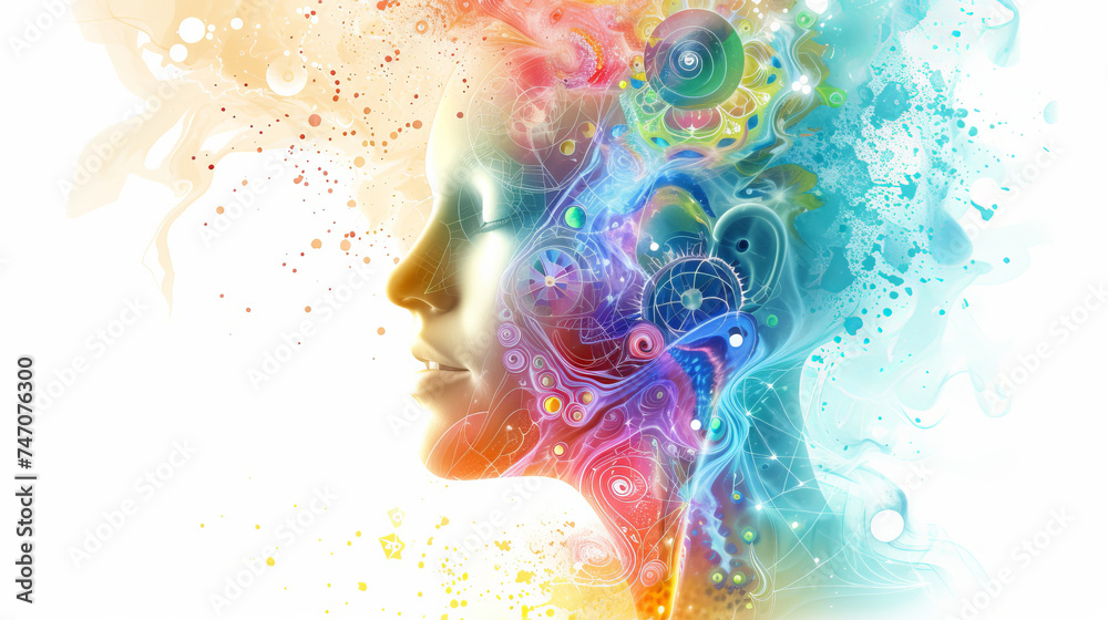 Quantum enlightenment—Clipart of a human head merged with vibrant ...