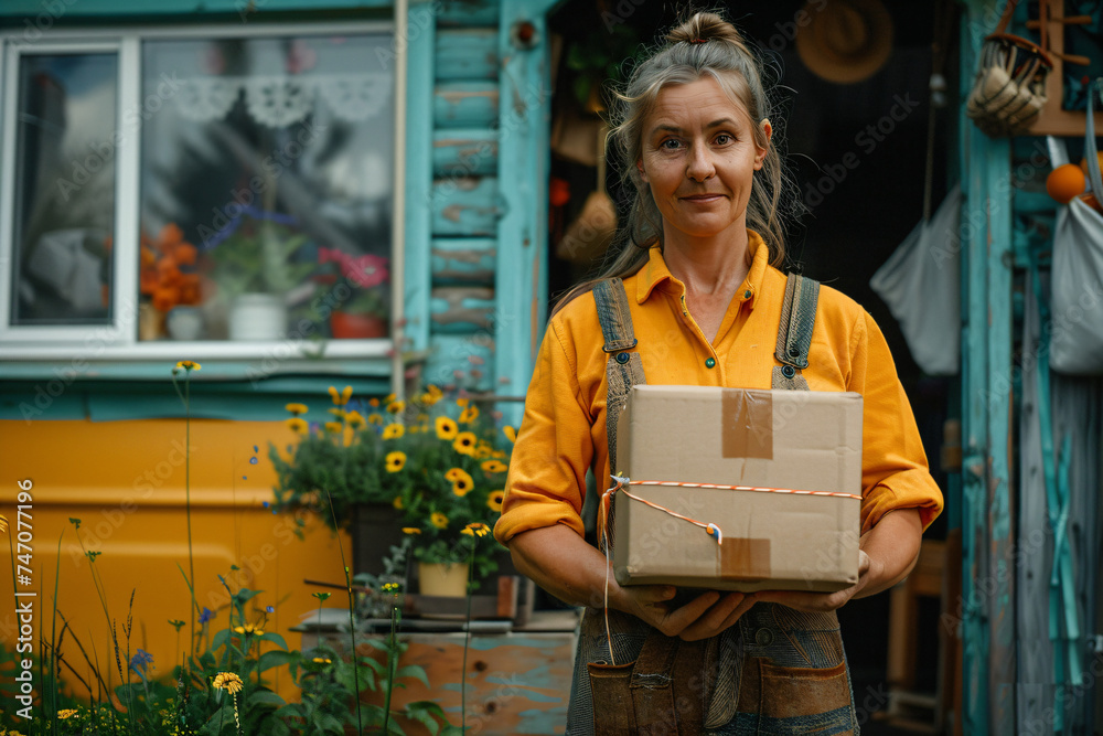 Middle-aged female courier with cardboard parcel in front of a colorful ...