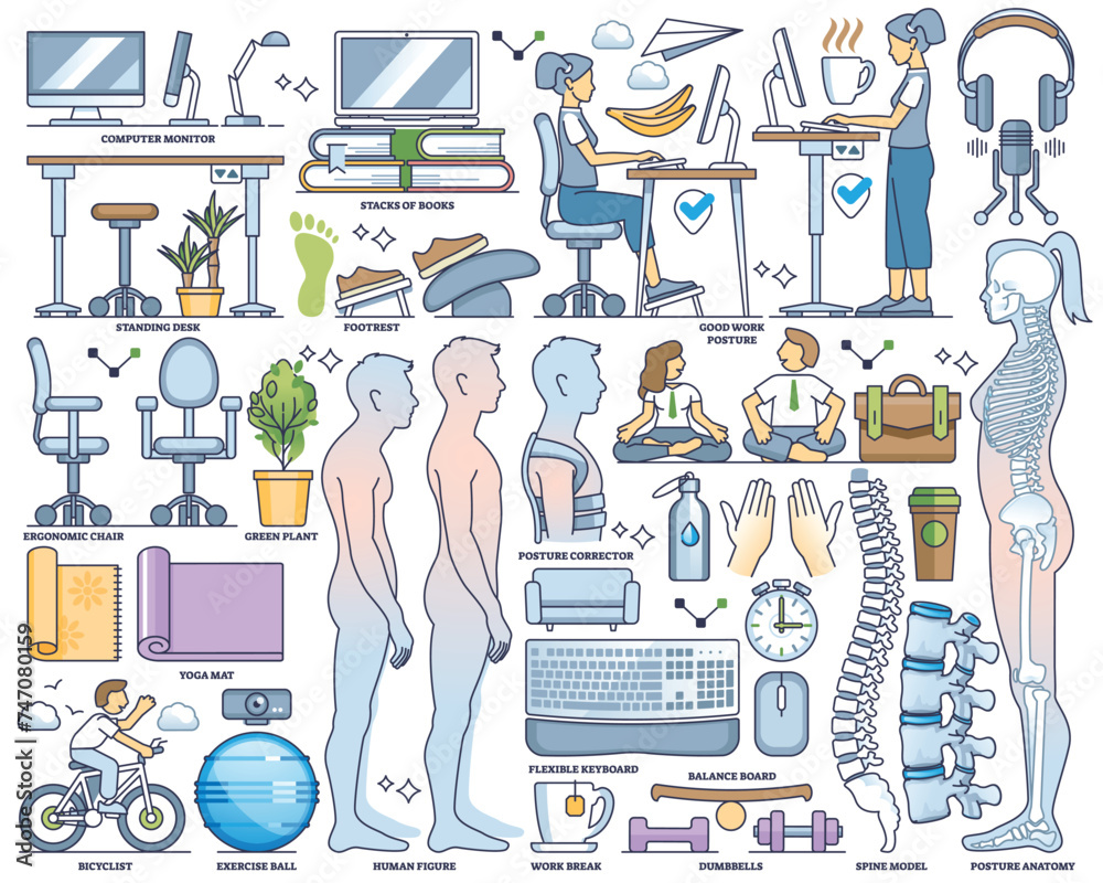 Healthy posture elements with ergonomic pose for spine outline ...