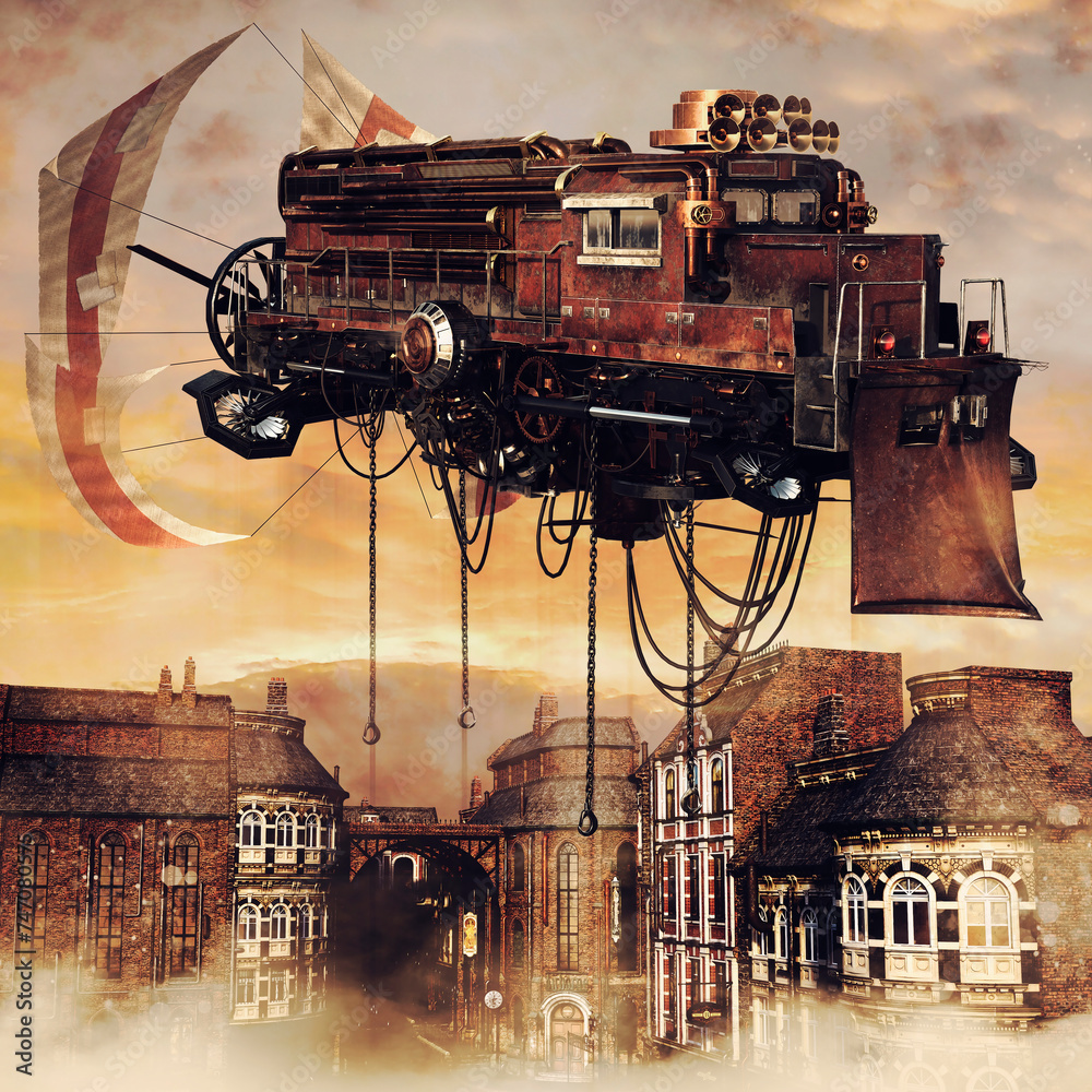 Fantasy steampunk flying machine over a street of an old town with ...