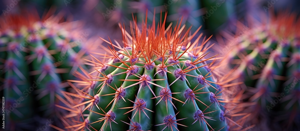 This close-up view showcases a green cactus with vibrant red tips ...
