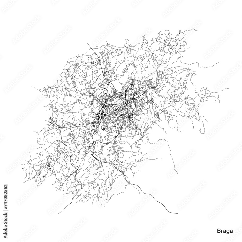 Braga city map with roads and streets, Portugal. Vector outline ...