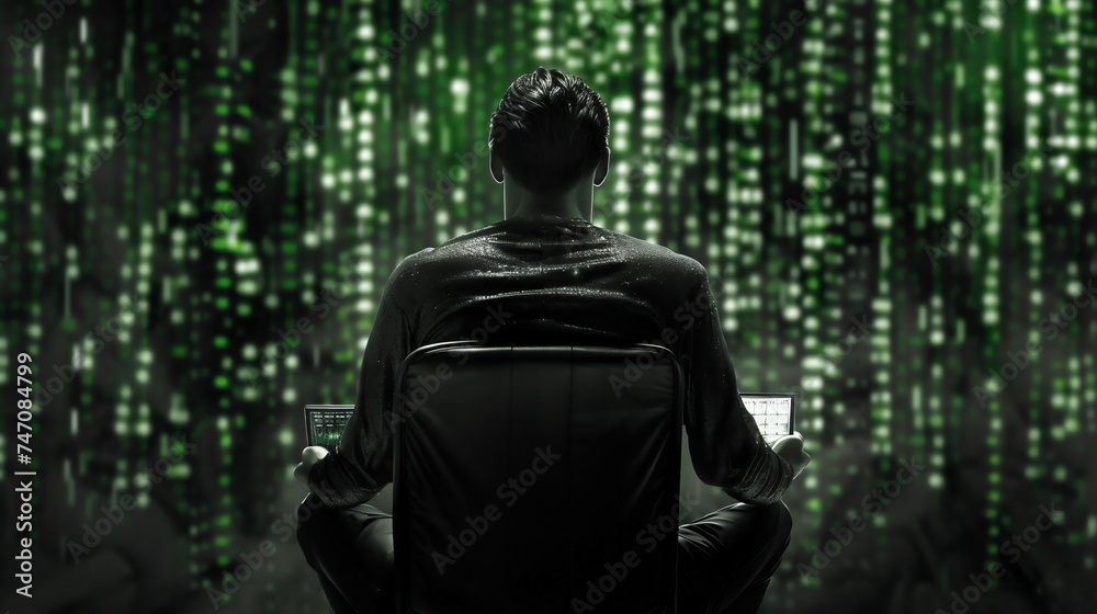 Back view of hacker at desktop using computers with creative process ...